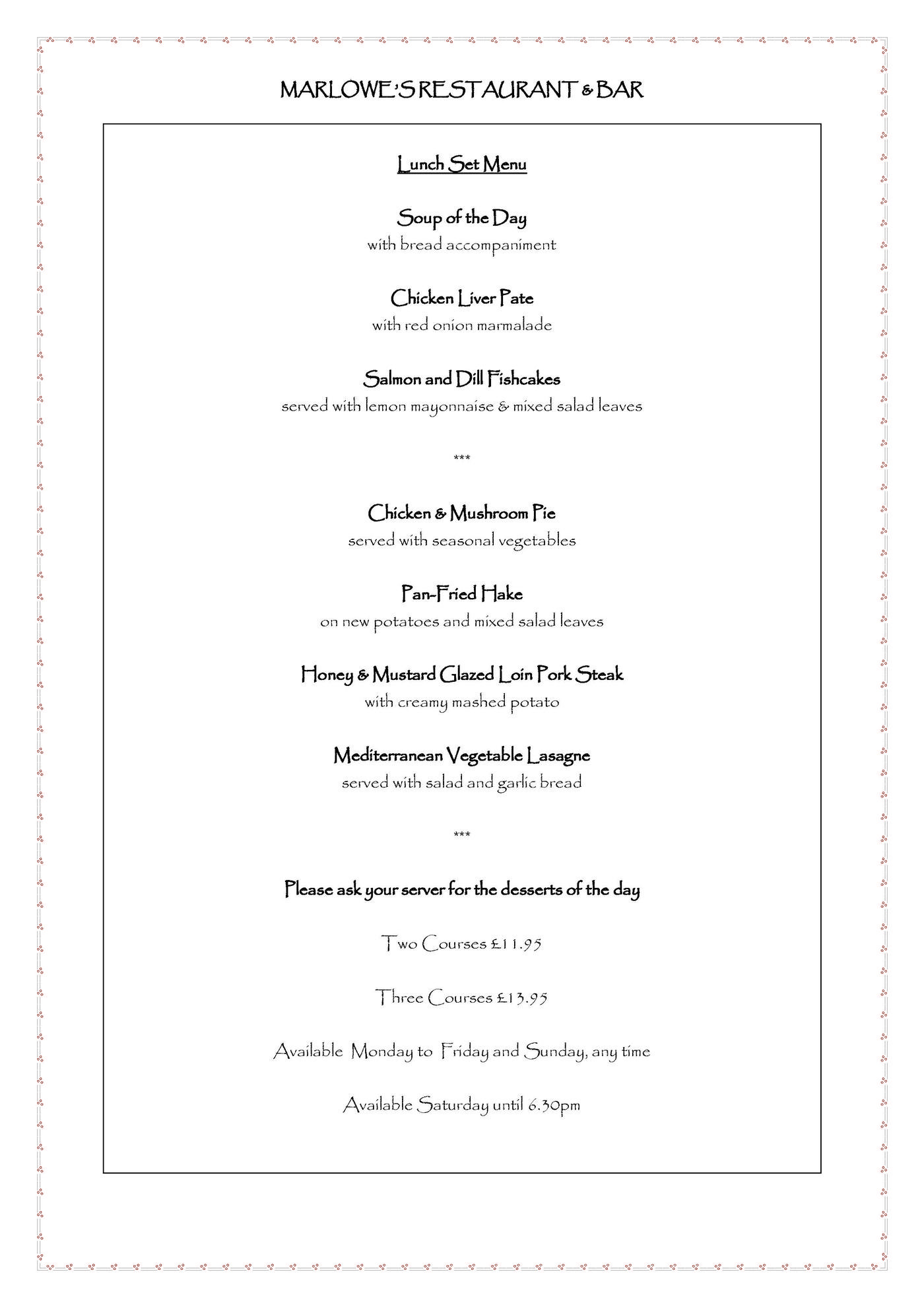 #1 of 1 Price Lists & Menus – Marlowes Elizabethan Restaurant Stratford ...