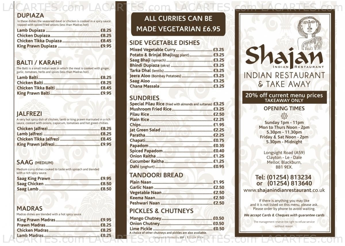 #1 of 2 Price Lists & Menus – Shajan Indian Restaurant Blackburn ...