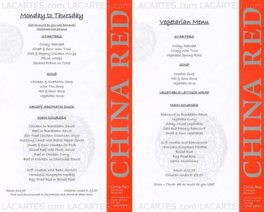 #2 of 5 Price Lists & Menus – CHINA RED Poulton-Le-Fylde Chinese cuisine