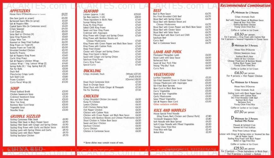 #1 of 5 Price Lists & Menus – CHINA RED Poulton-Le-Fylde Chinese cuisine