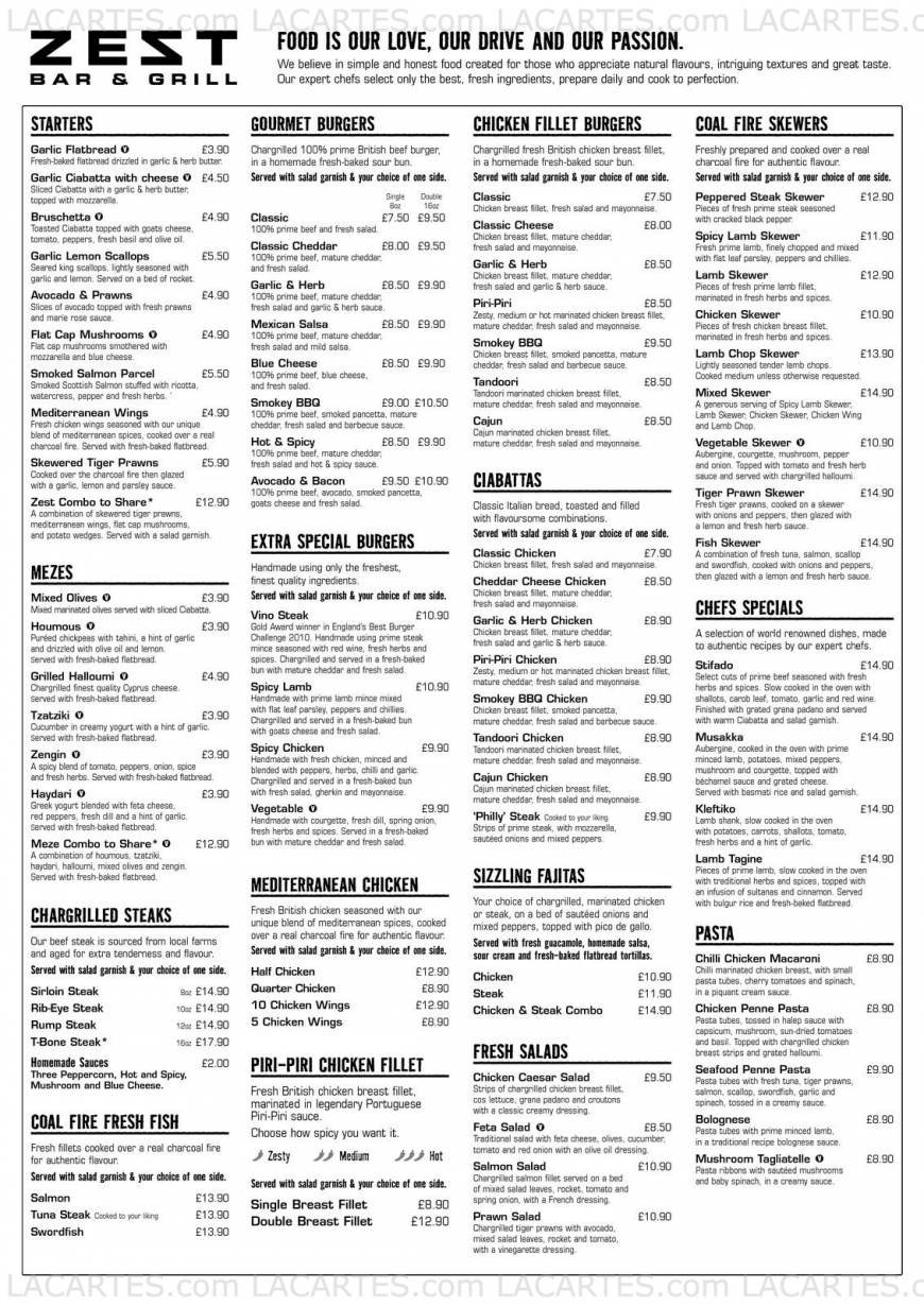 #1 of 4 Price Lists & Menus – Zest Bar & Grill Doncaster Dinner