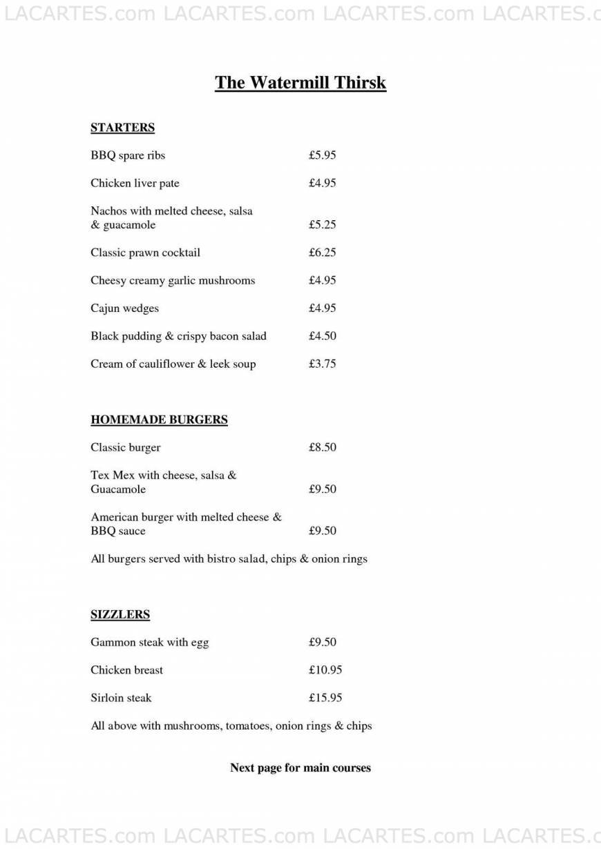 #1 of 2 Price Lists & Menus – The Watermill Bar & Grill Thirsk Dinner