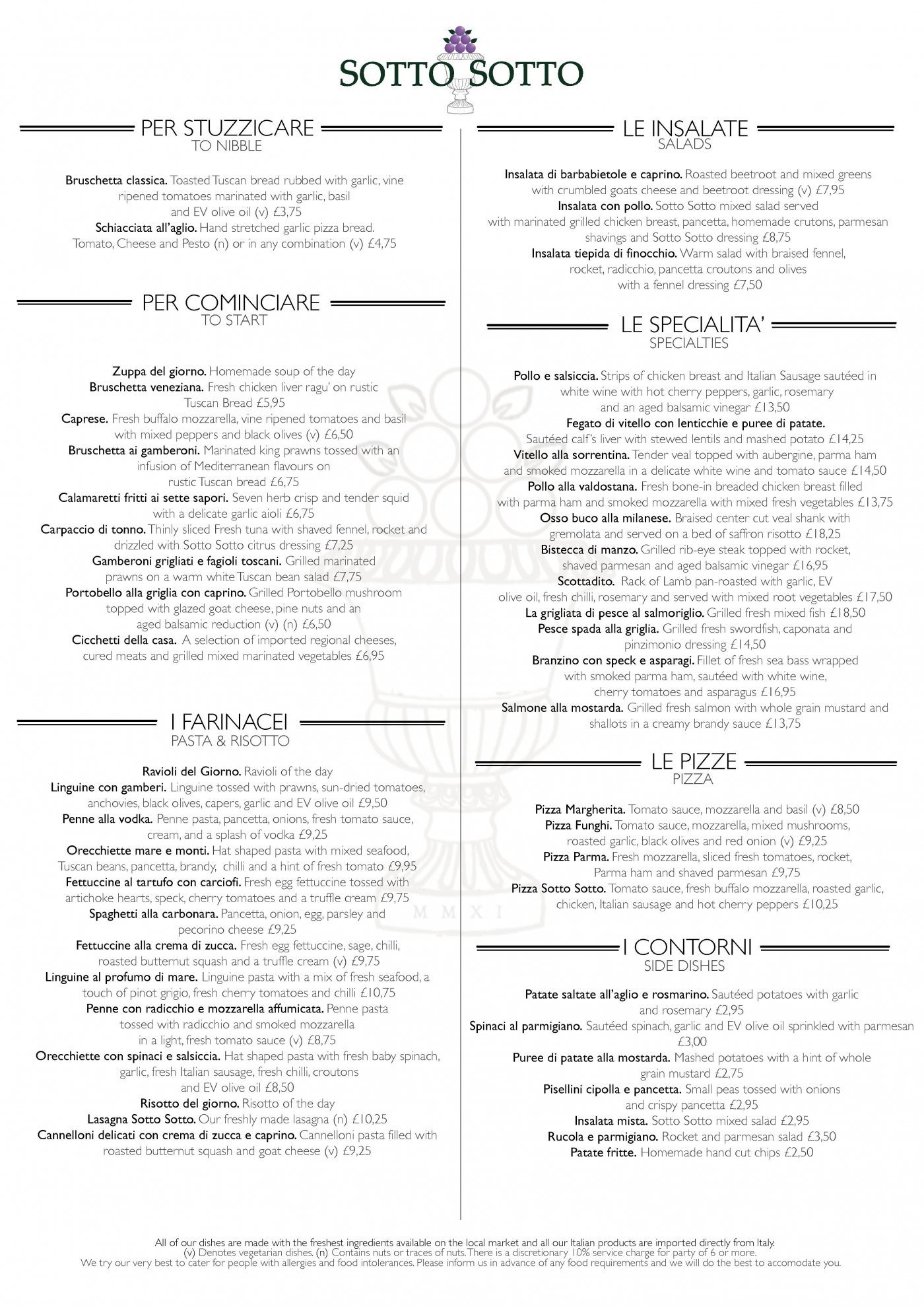 #1 of 1 Price Lists & Menus – Sotto Sotto Ristorante Bar & Grill Bath ...