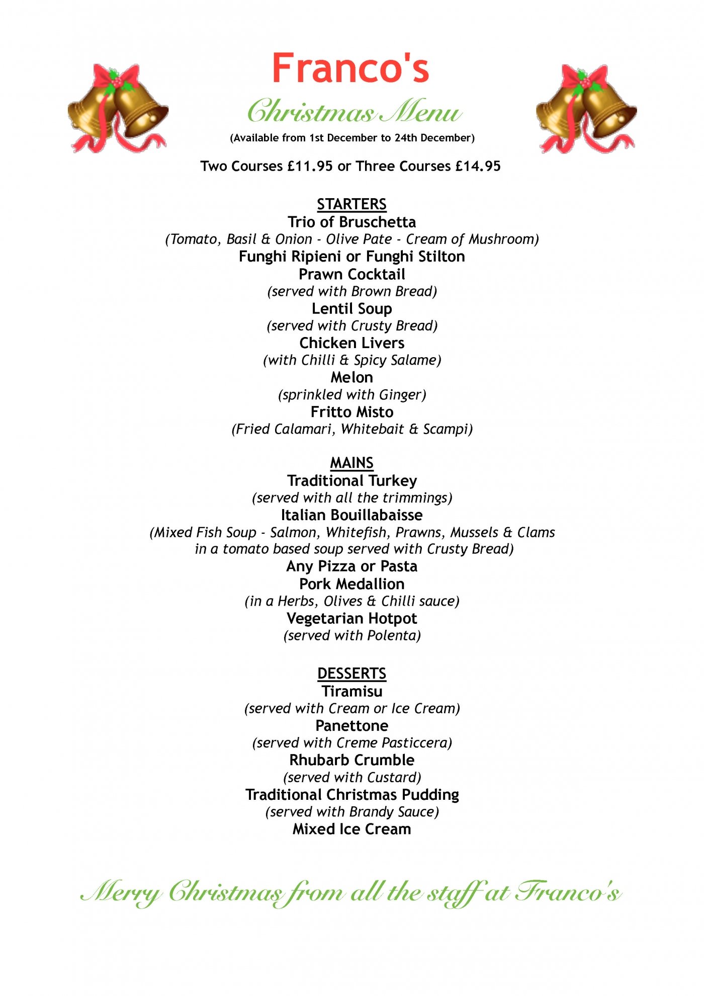 #1 of 1 Price Lists & Menus – Franco's Restaurant Longridge Italian ...