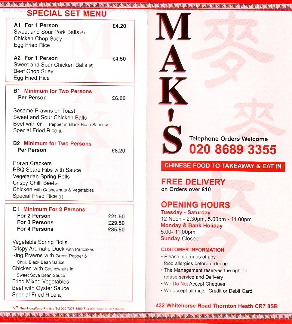 #4 of 4 Price Lists & Menus – Mak's Chinese Takeaway Thornton Heath ...