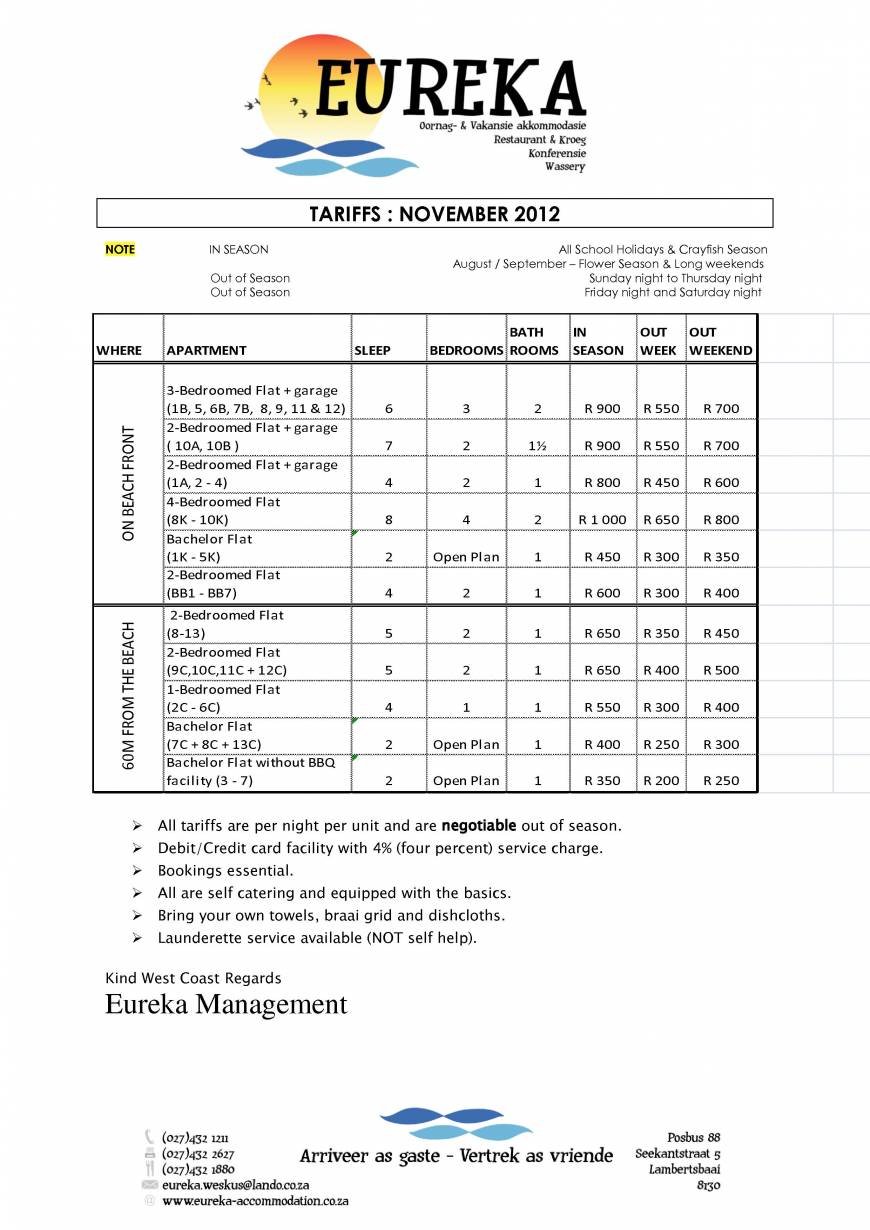 #1 of 1 Price Lists & Menus – Eureka Accommodation Lamberts Bay ...