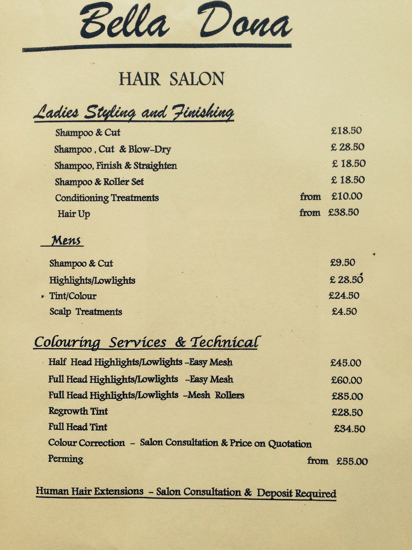 #1 of 1 Price Lists & Menus – Hair Salon/Surrey Bella Dona Redhill ...